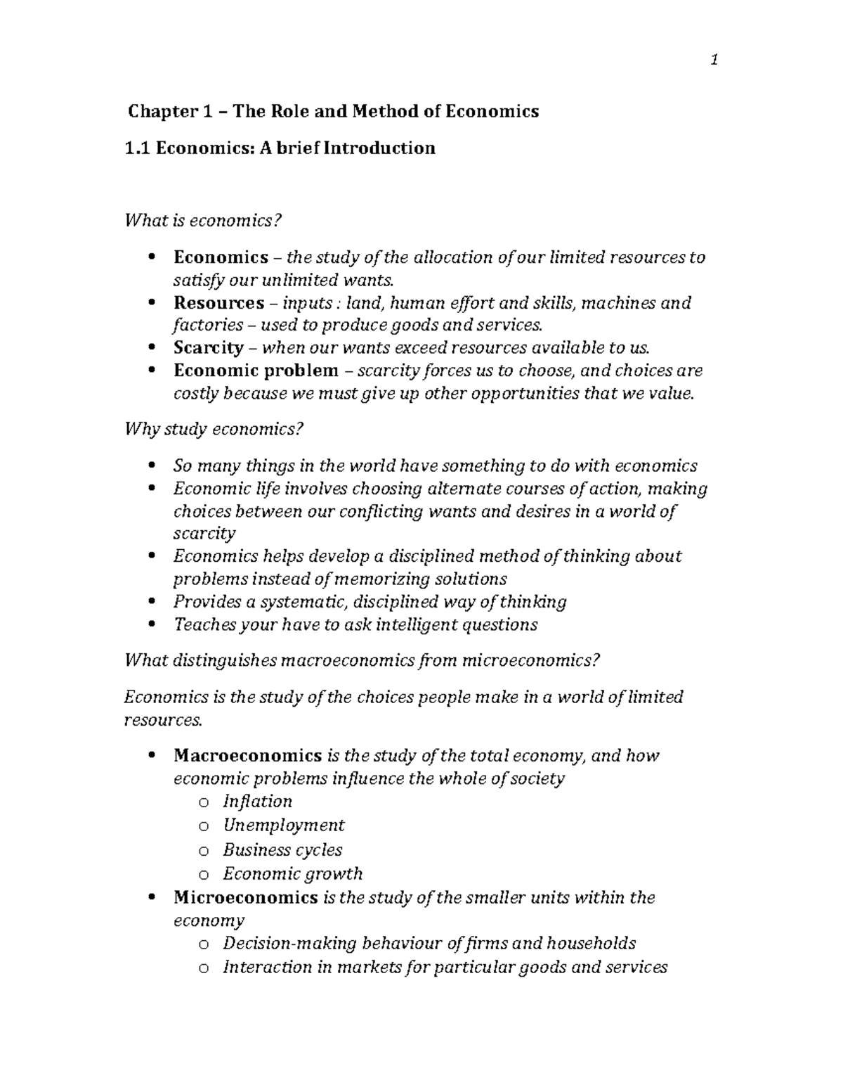 Microeconomics - ALL - Review all chapters - 1 Chapter 1 – The Role and ...