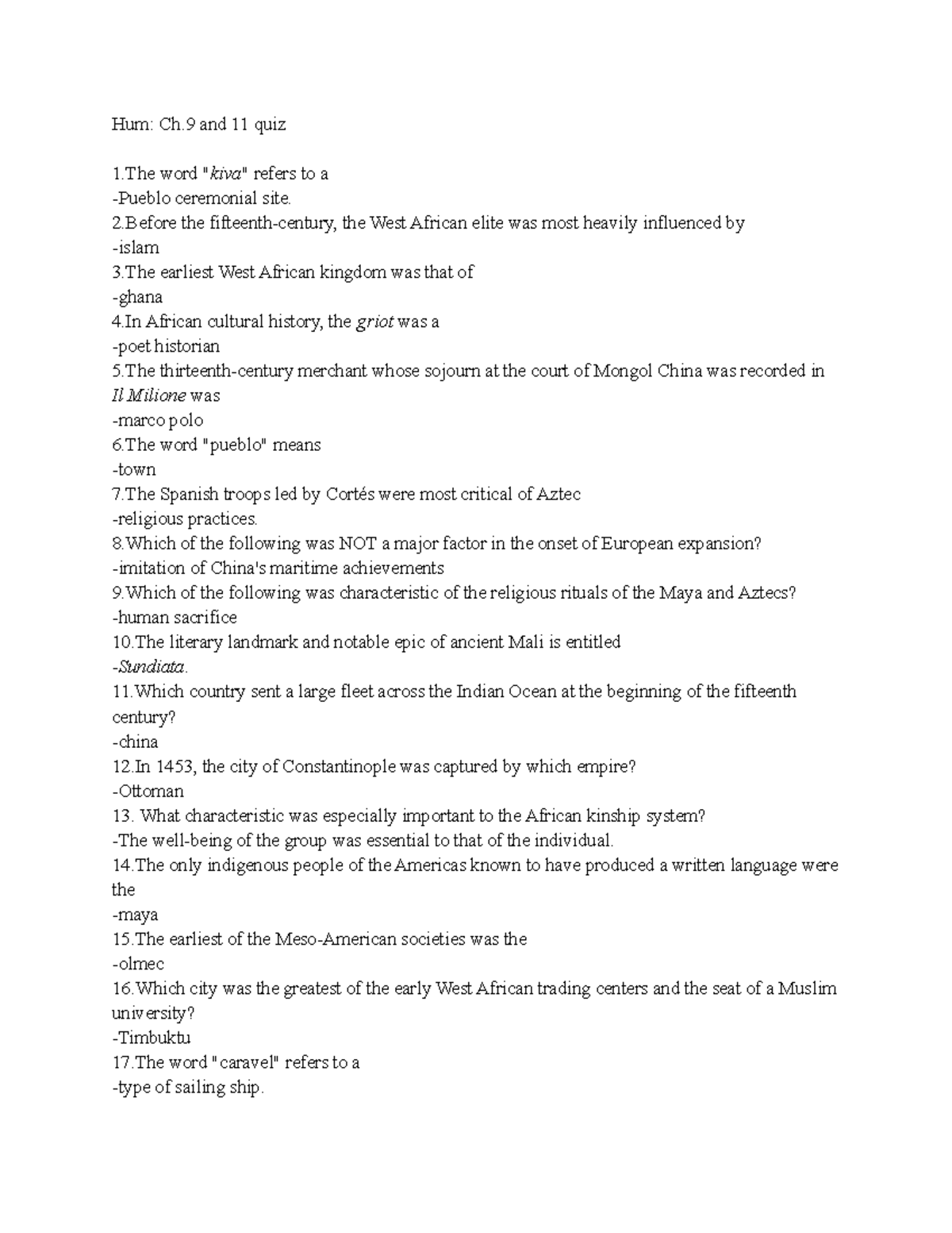 Hum: Ch 9 & 11 quiz - Here are lecture notes for chapter 9 & 11 - Hum ...