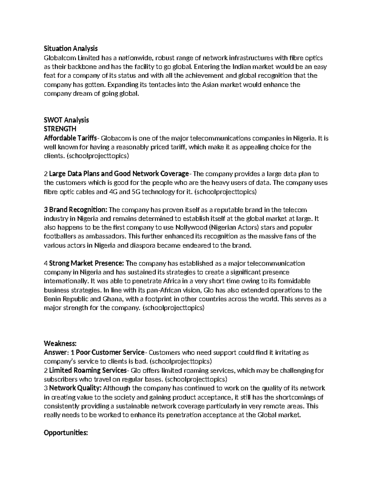 Situation Analysis - worksheet - Situation Analysis Globalcom Limited ...