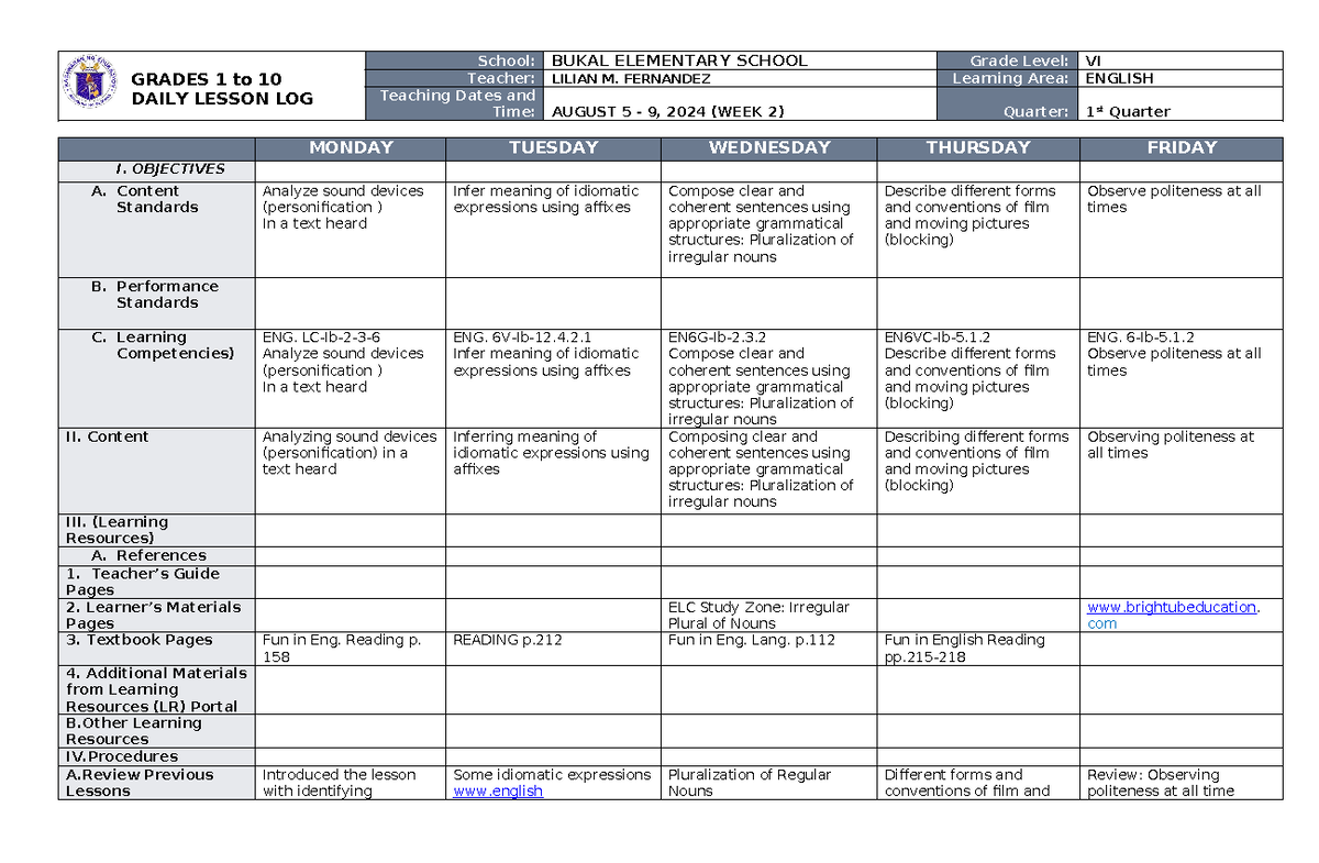 DLL English 6 Q1 W2 - GRADES 1 to 10 DAILY LESSON LOG School: BUKAL ELEMENTARY SCHOOL Grade ...