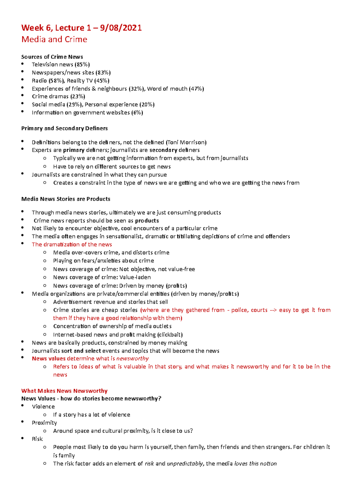 CRIM111 Week 6 Lecture 1 on Media and Crime - Week 6, Lecture 1 – 9/08/ Media and Crime Sources ...