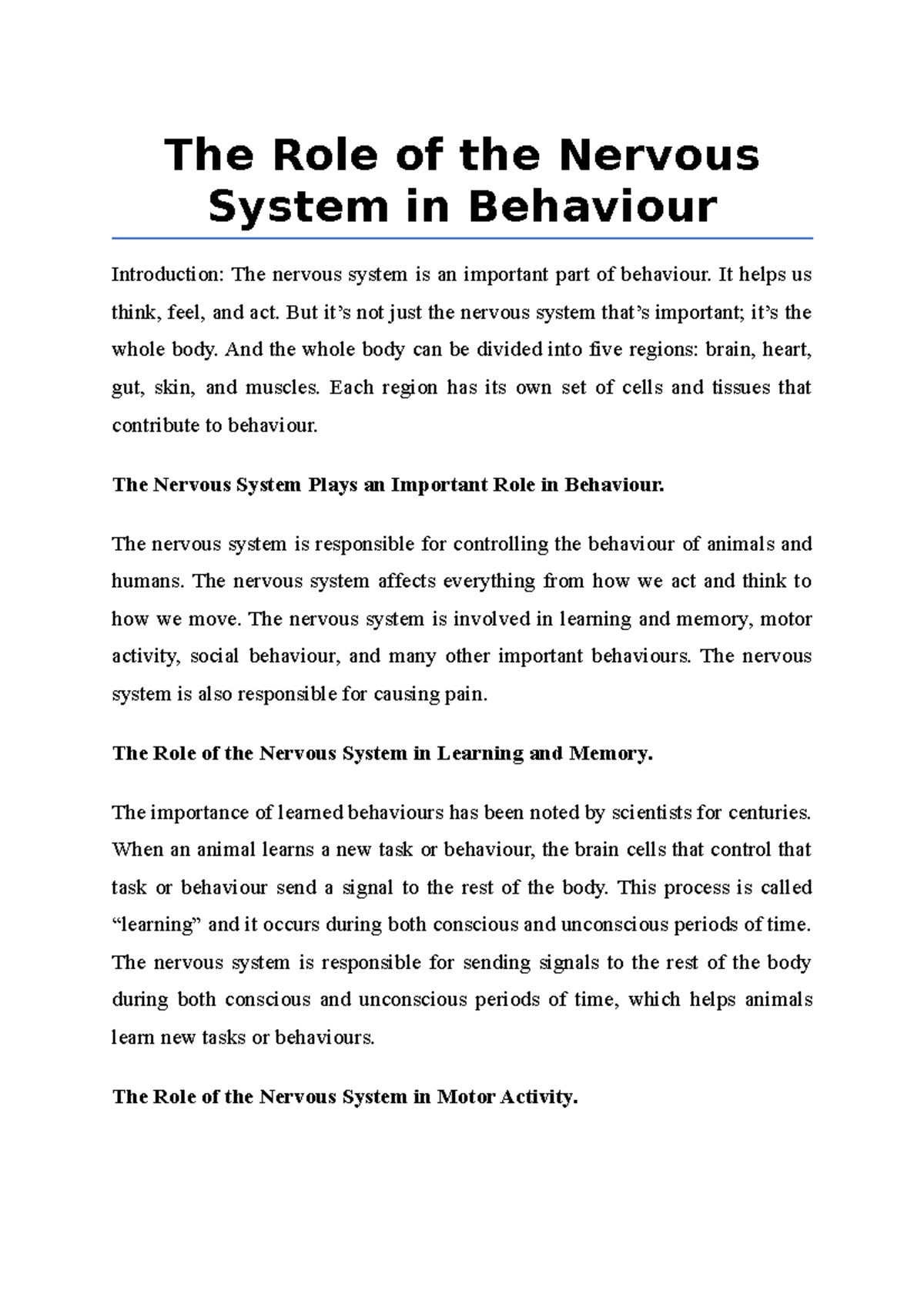 The Role of the Nervous System in Behaviour - The Role of the Nervous ...