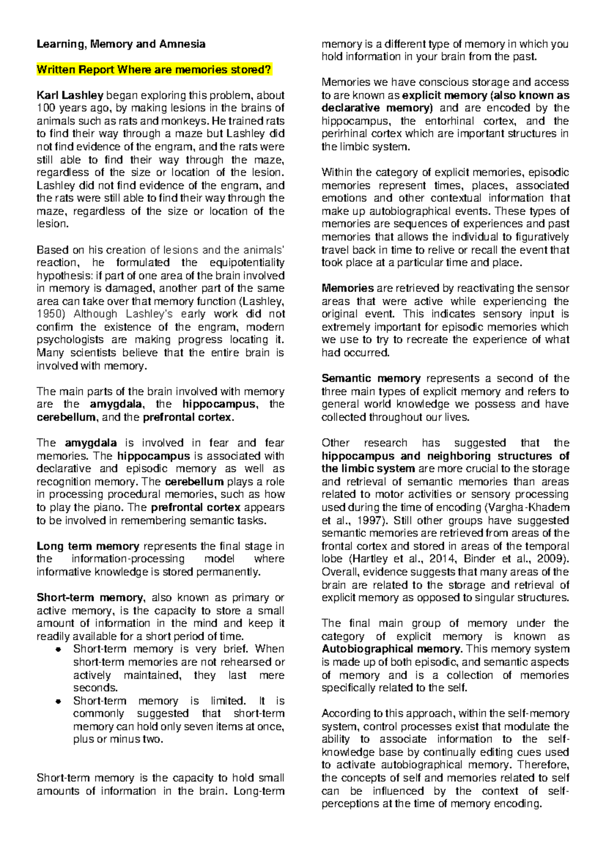 Bio Psych chapter 11 - bi - Learning, Memory and Amnesia Written Report Where are memories ...