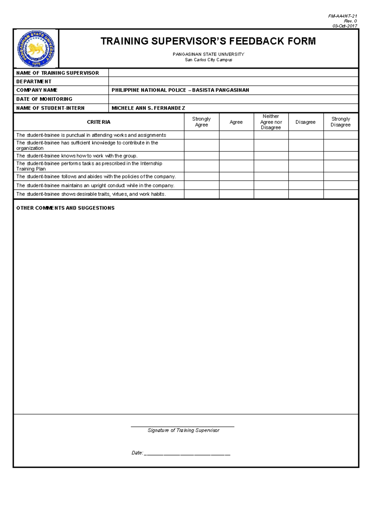 21 Training Supervisor S Feedback FORM - Rev. 0 03-Oct- TRAINING SUPERVISOR’S FEEDBACK FORM ...