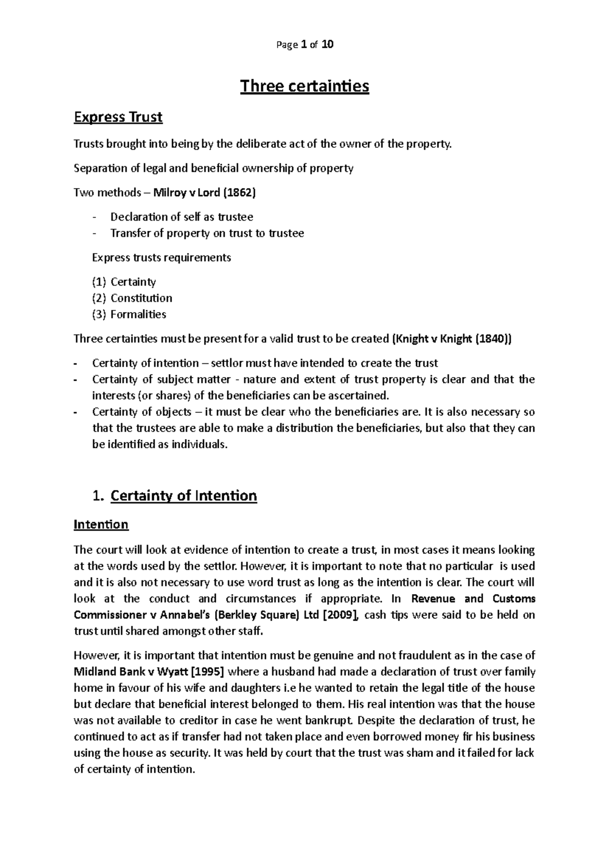 Full Notes on Three certainties - equity & trust - Three certainties ...