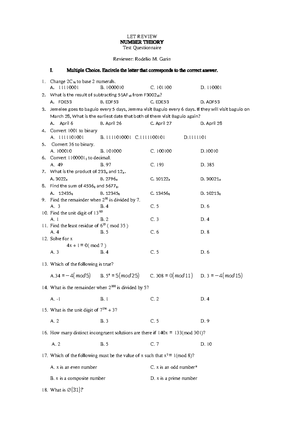 Number-Theory - Notes - LET REVIEW NUMBER THEORY Test Questionnaire ...