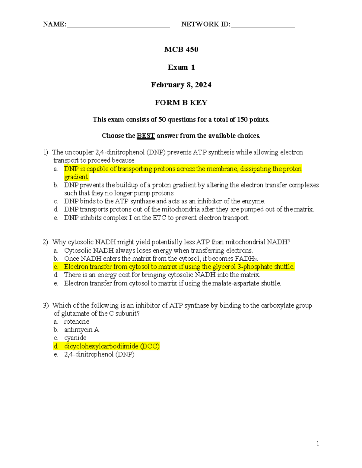 MCB 450 SP24 Exam 1 Form B KEY - NAME ...