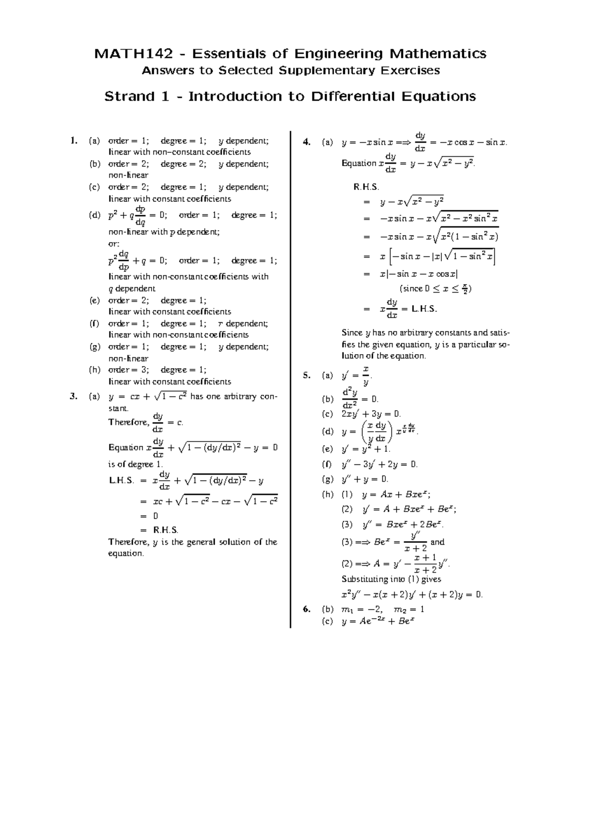 04 - Introduction to DEs - Answers - MATH142 - Essentials of ...