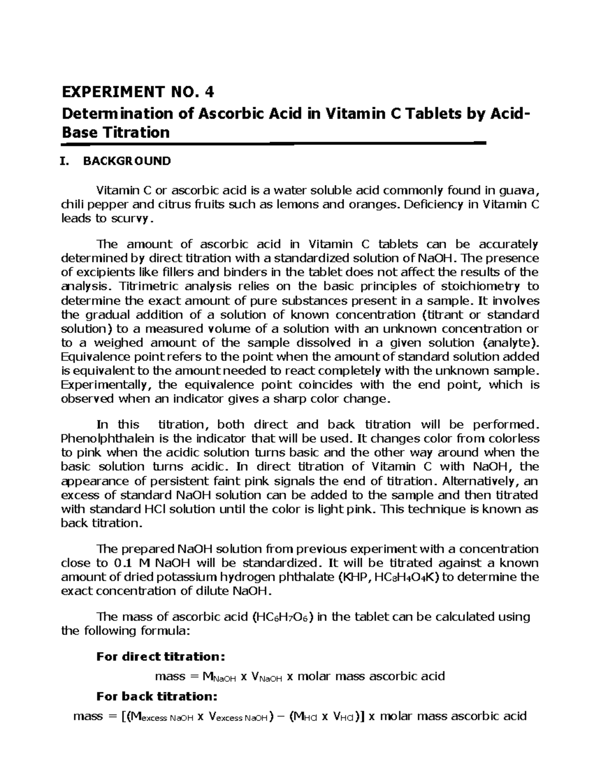 Experiment 4 - Vitamin C - EXPERIMENT NO. 4 Determination of Ascorbic ...