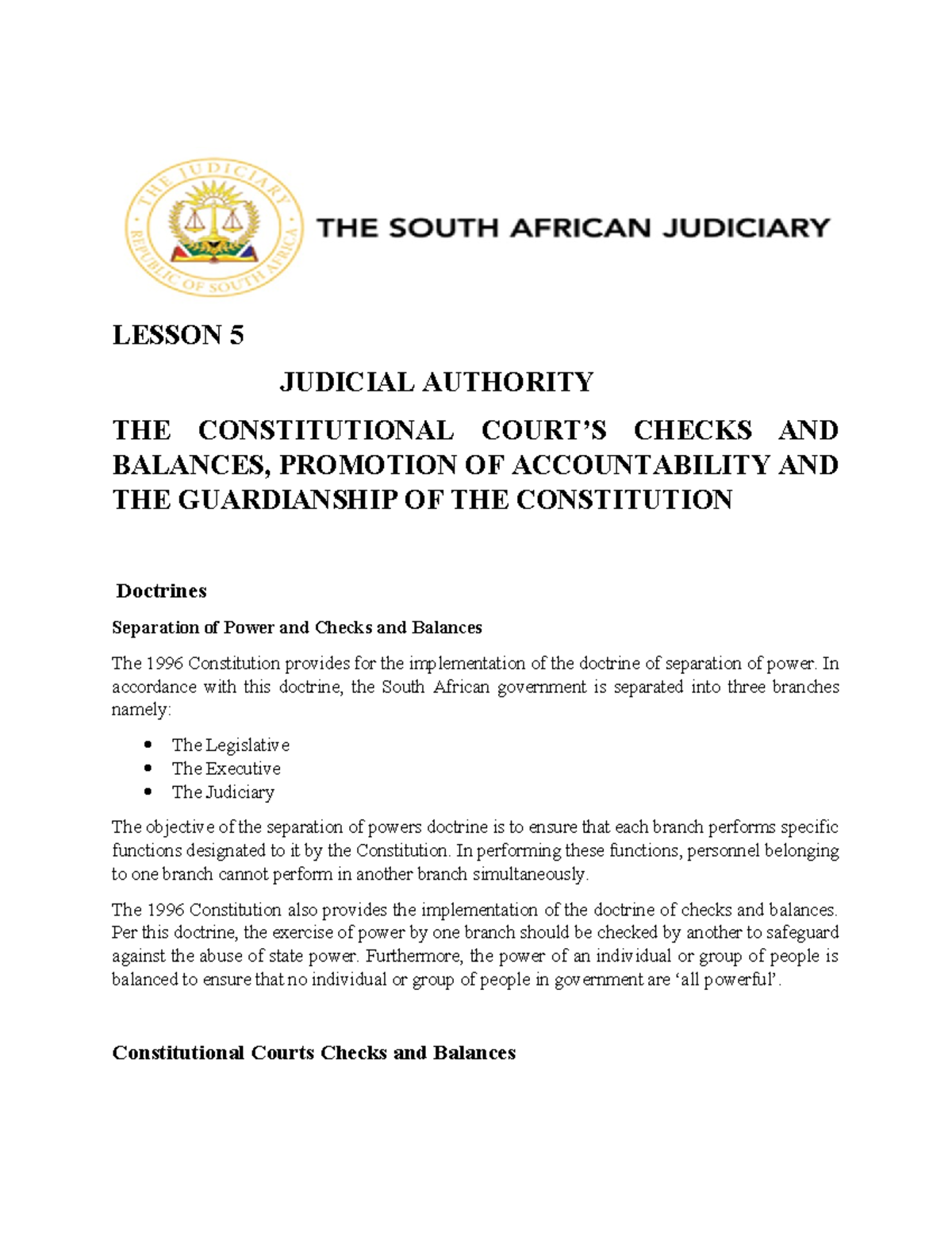 Lesson 5 Checks AND Balances - LESSON 5 JUDICIAL AUTHORITY THE ...