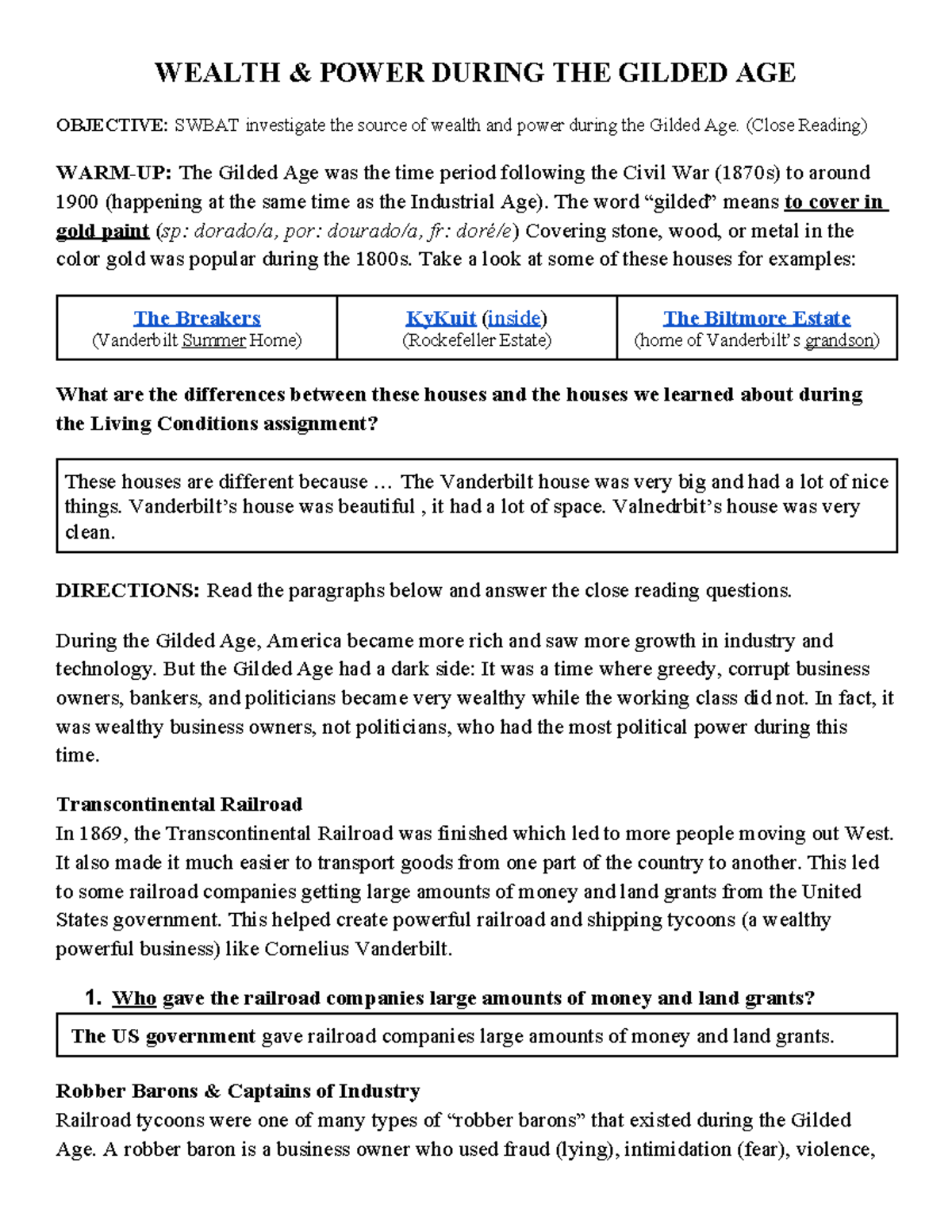 Wealth & Power during the Gilded Age-1 - WEALTH & POWER DURING THE ...