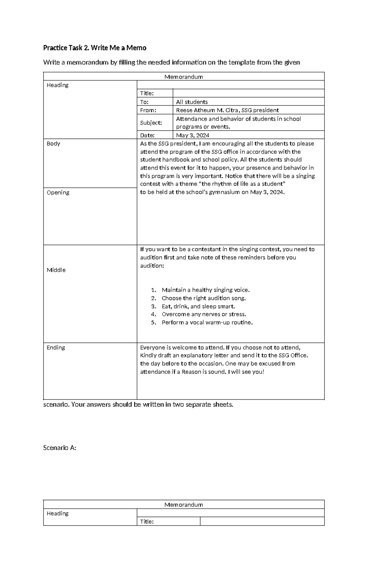 Practice Task 2, RAW - Practice Task 2. Write Me a Memo Write a memorandum by filling the needed ...