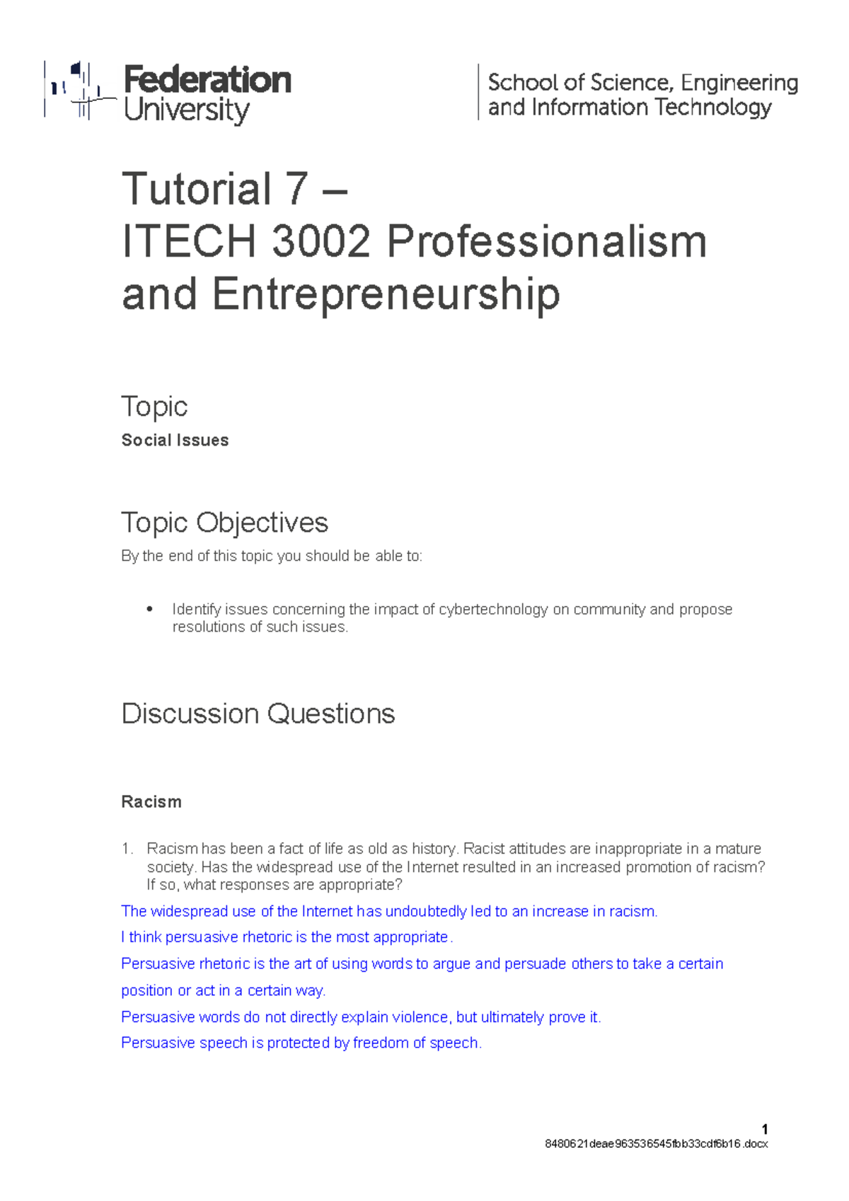 Itech 3002 7 tutorial - Tutorial 7 – ITECH 3002 Professionalism and ...