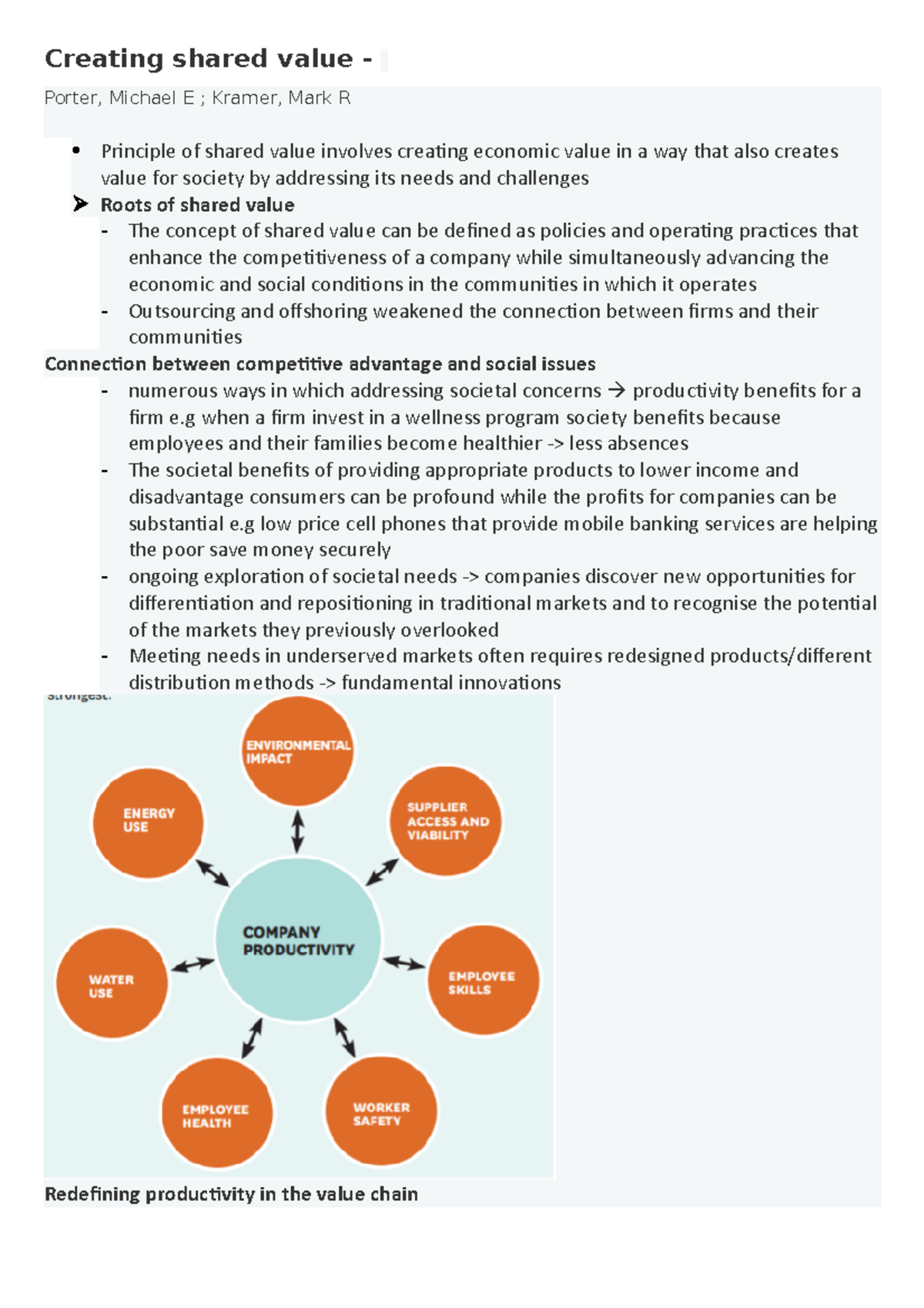 WEEK 2 Readings - Creating shared value - Porter, Michael E ; Kramer, Mark R Principle of shared ...