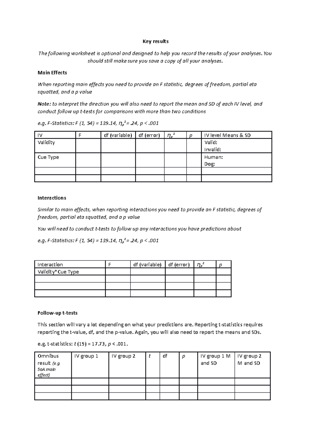 Results worksheet - Key results The following worksheet is optional and ...
