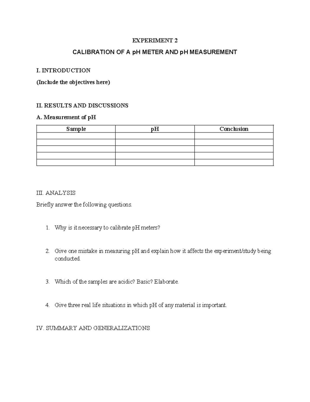 2. Calibration OF A p H Meter AND p H Measurement - EXPERIMENT 2 ...