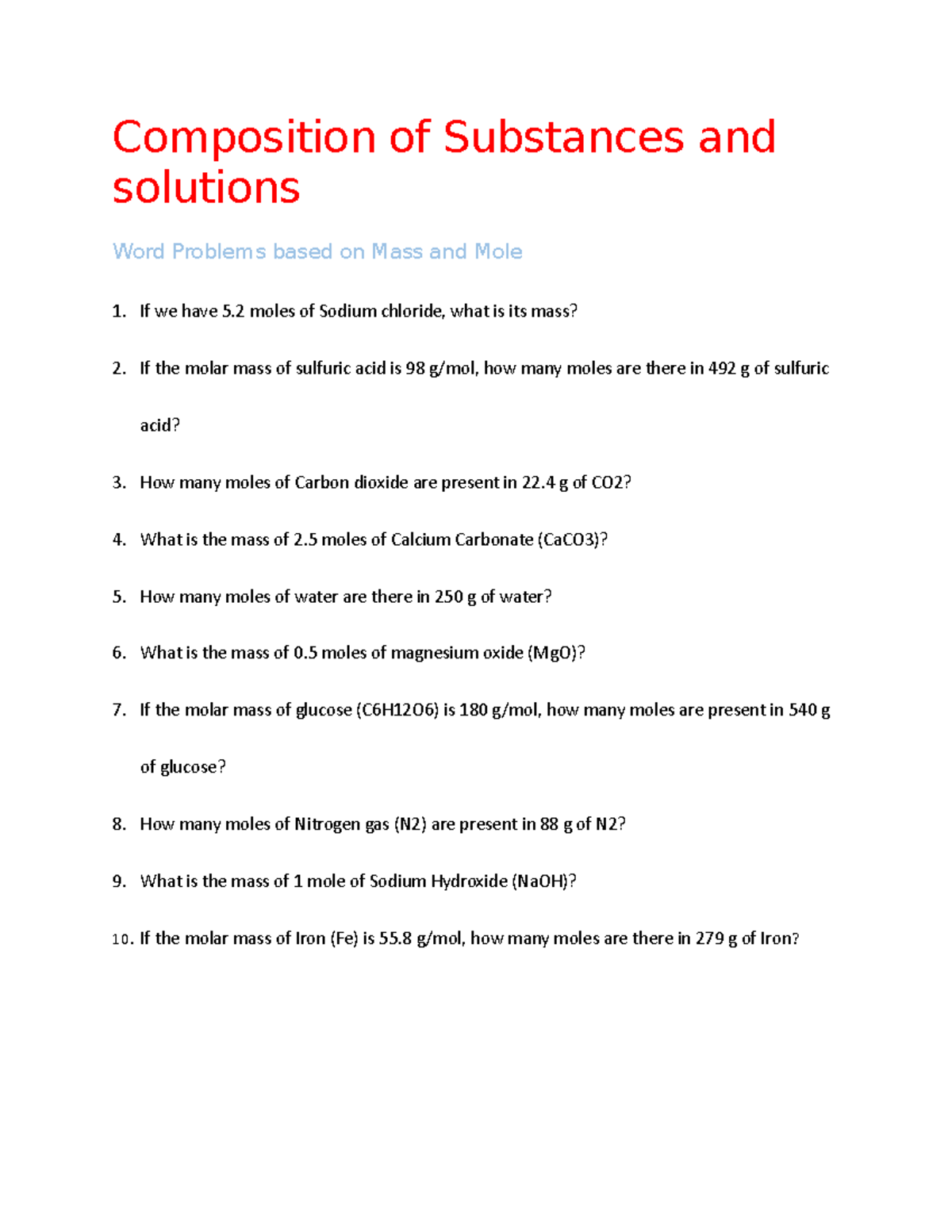 Mole and mass compositions with solutions - Composition of Substances ...