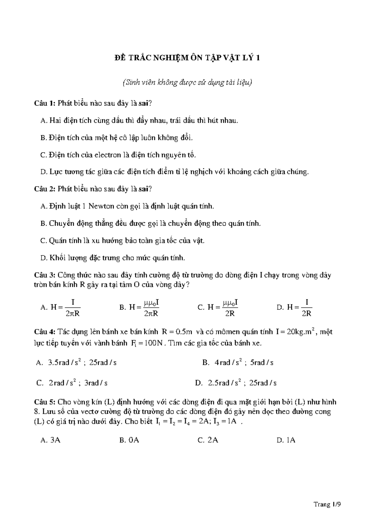 DE-ON-TAP-VL1 - ggdgd - ĐỀ TRẮC NGHIỆM ÔN TẬP VẬT LÝ 1 (Sinh viên không ...