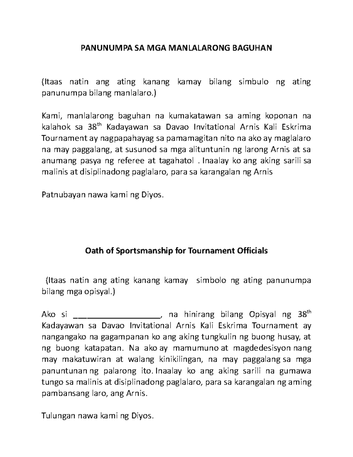 Panunumpa SA MGA Manlalarong Baguhan - PANUNUMPA SA MGA MANLALARONG ...