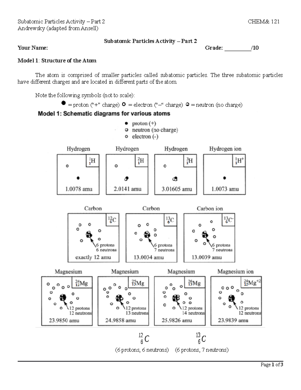Subatomic Particles Activity - Part 2 - The three subatomic particles ...