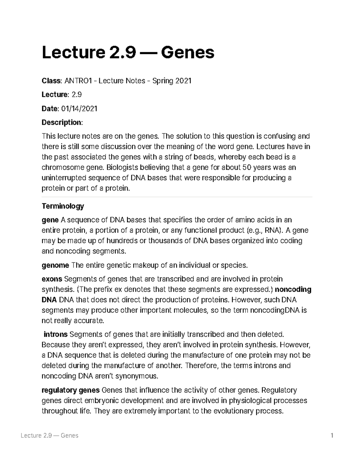 Lectur 92020 genes - Lecture 2 — Genes Class : ANTRO1 - Lecture Notes ...