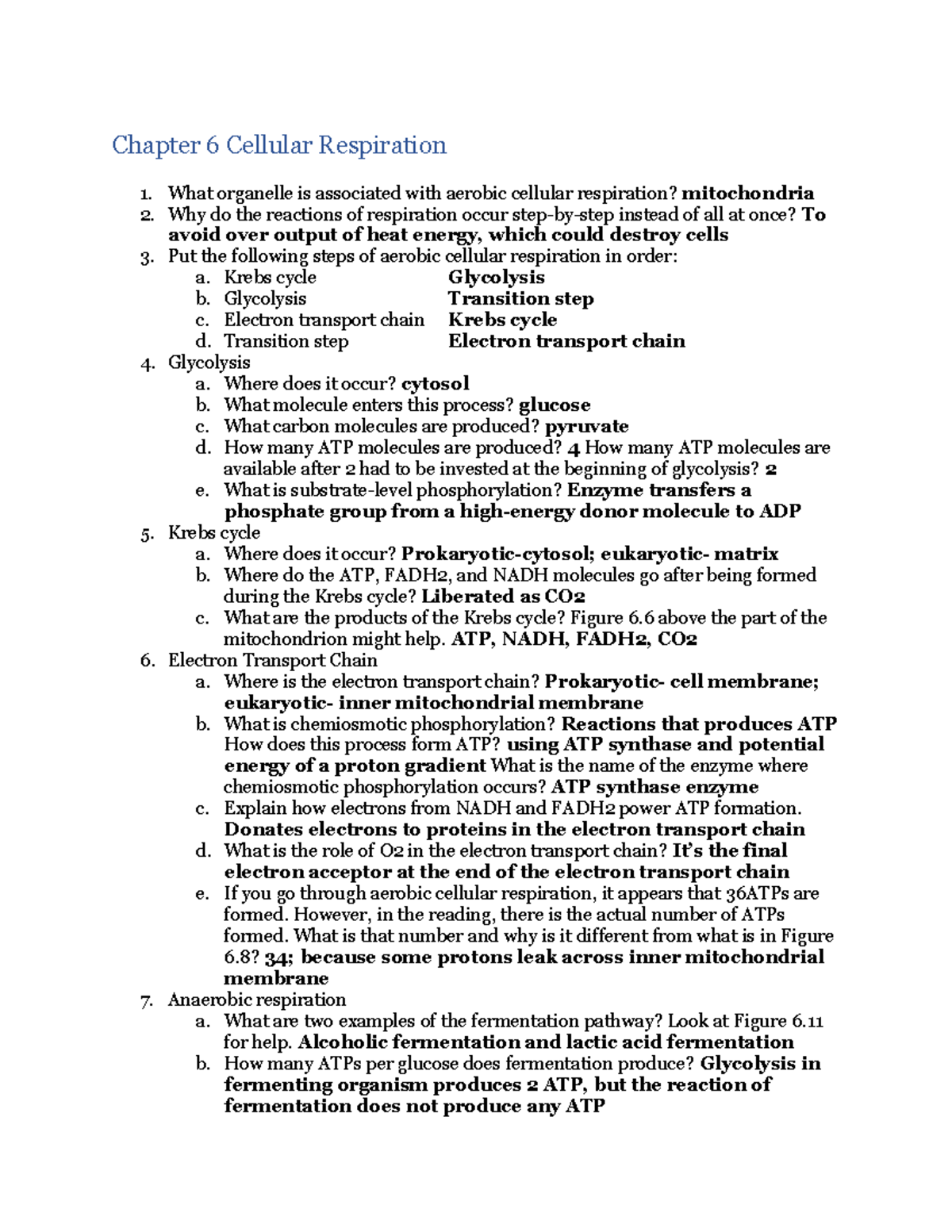 Weaghington Madison Chapter 6 Review Questions - Chapter 6 Cellular Respiration What organelle ...