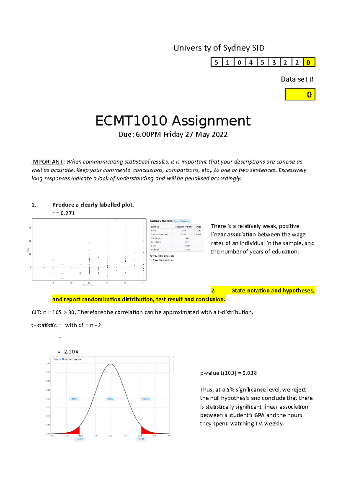 Ecmt1010 Assignment For Ecmt University Of Sydney Sid 5 1 0 4 5 3 2 2 0 Data Set 0 Ecmt1010