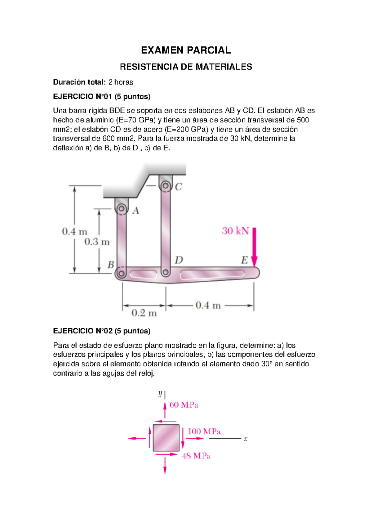 Examen Parcial - EXAMEN PARCIAL RESISTENCIA DE MATERIALES Duración total: 2 horas EJERCICIO N°01 ...