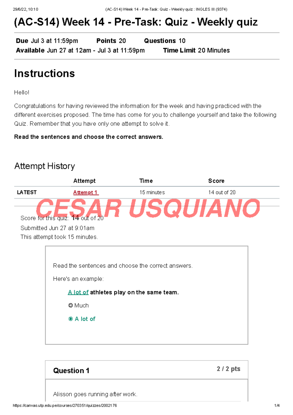 (AC-S14) Week 14 - Pre-Task Quiz - Weekly quiz Ingles III (9374) - (AC ...