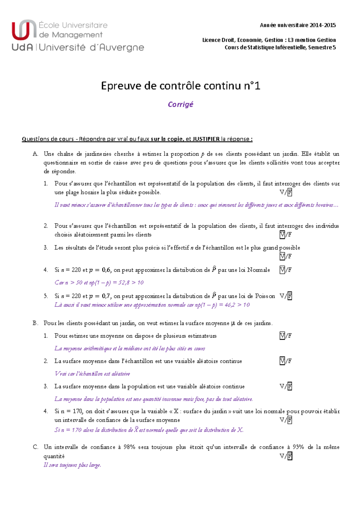 CC1 2015-2016 Corrigé - Année universitaire 2014- Licence Droit, Economie, Gestion : L3 mention ...