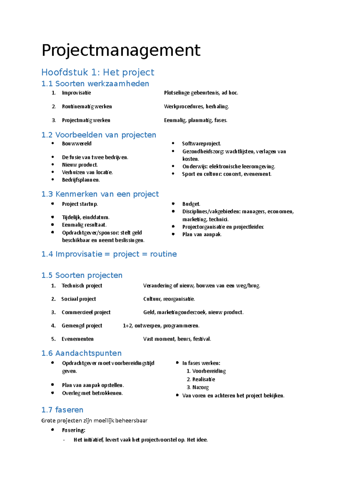 samenvatting projectmanagement - Projectmanagement Hoofdstuk 1: Het ...