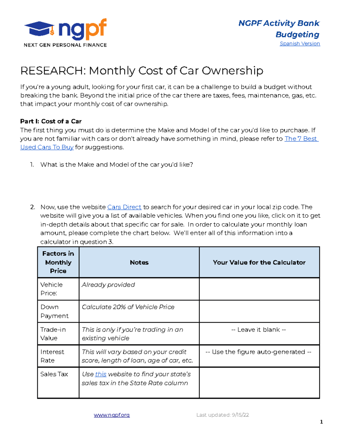 Research Monthly Cost of Car Ownership - NGPF Activity Bank Budgeting ...