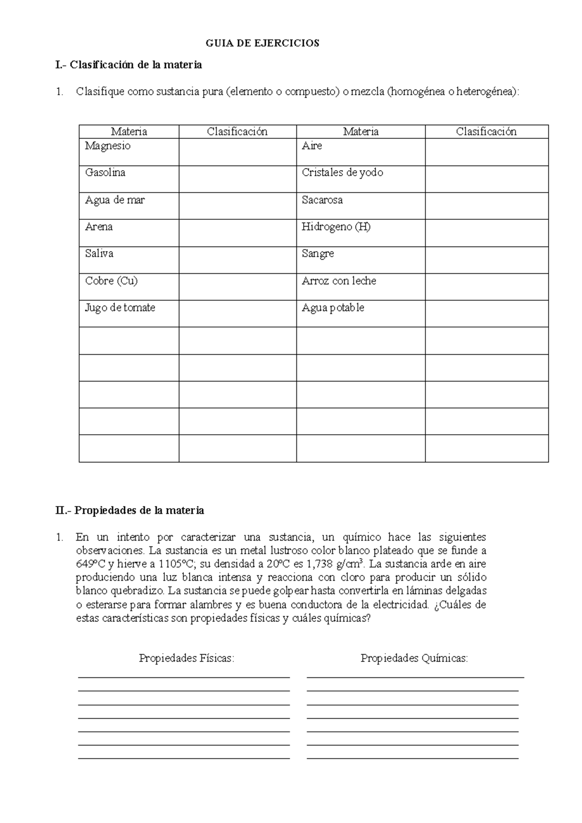 GUIA DE Ejercicios LA Materia - GUIA DE EJERCICIOS I.- Clasificación de ...