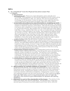 C367 PE Task - PE Task - A. In a Heartbeat Lesson Plan. a) The ...
