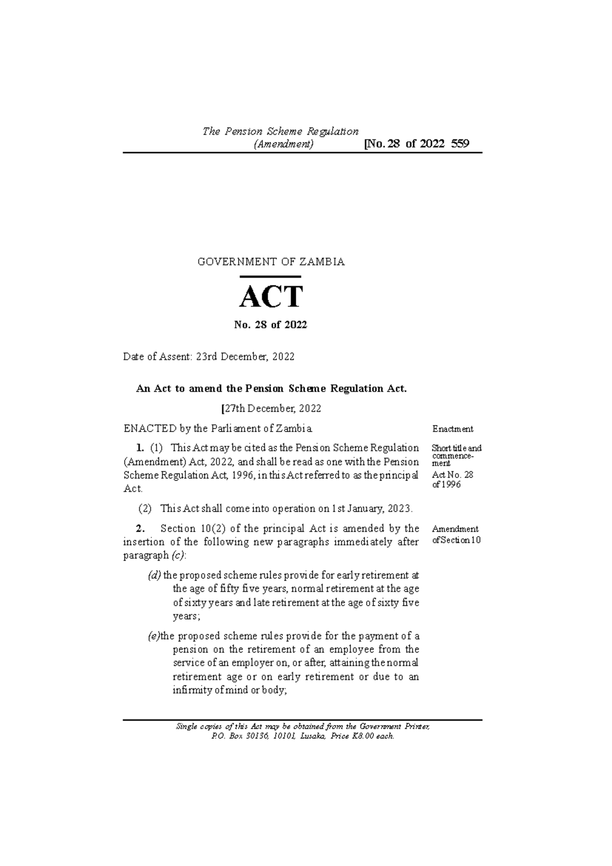 The Pensions Scheme Regulations (Amendment) Act No. 28 of 2022 - An Act ...