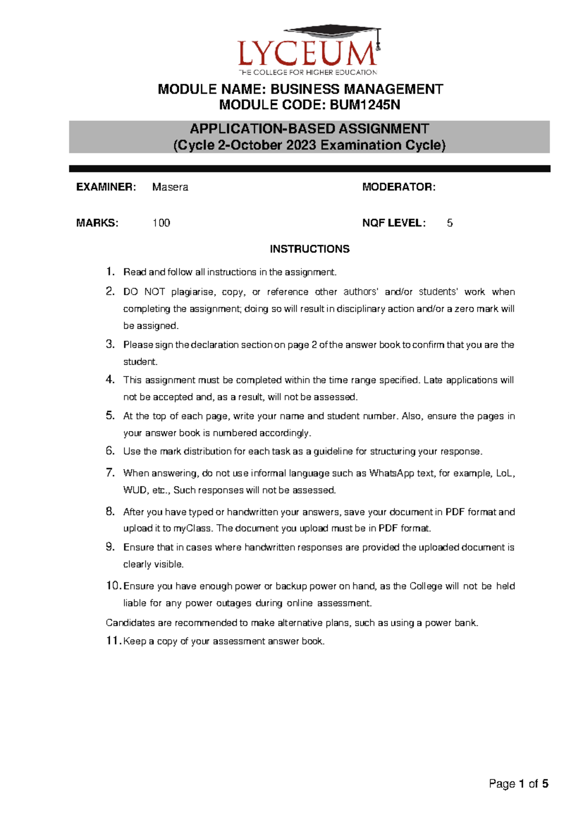 BUM1215N Oct 2023 Assignment - MODULE NAME: BUSINESS MANAGEMENT MODULE ...