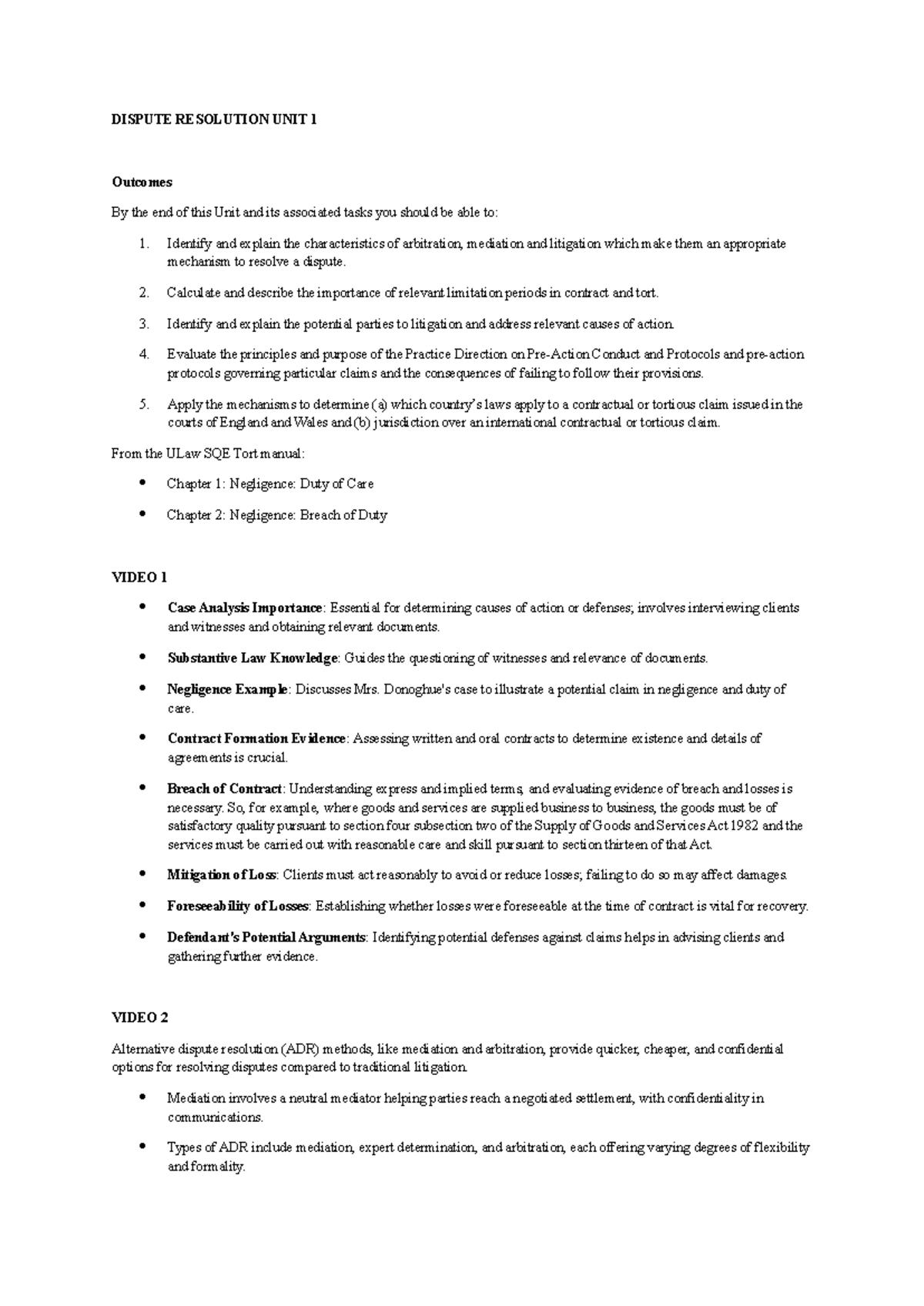 Dispute Resolution UNIT 1 - DISPUTE RESOLUTION UNIT 1 Outcomes By the ...