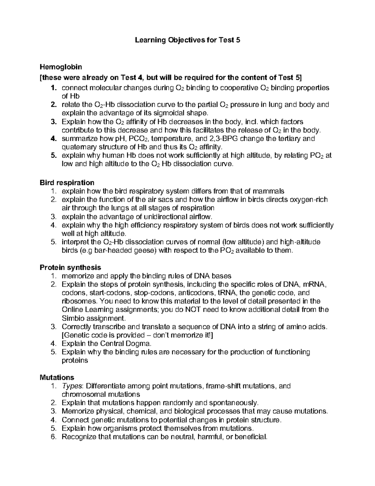 LO Test 5 FS24 no kidneys - Learning Objectives for Test 5 Hemoglobin ...