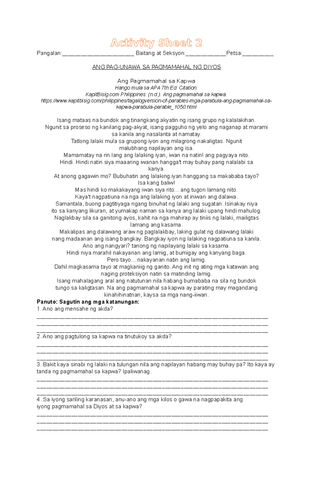 Activity Sheet 2- esp - Activity Sheet 2 Pangalan ...