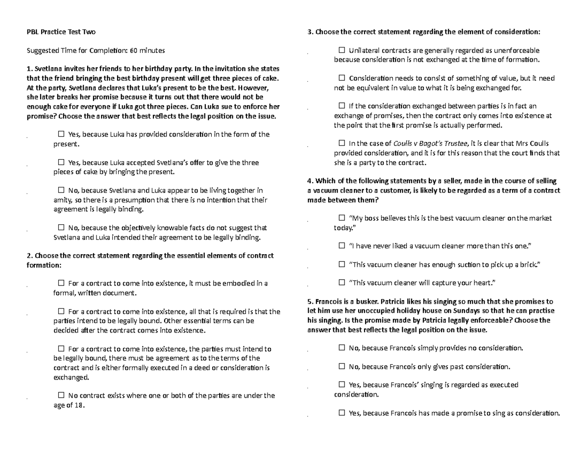 PBL Practice Test Two - PBL Practice Test Two Suggested Time for ...