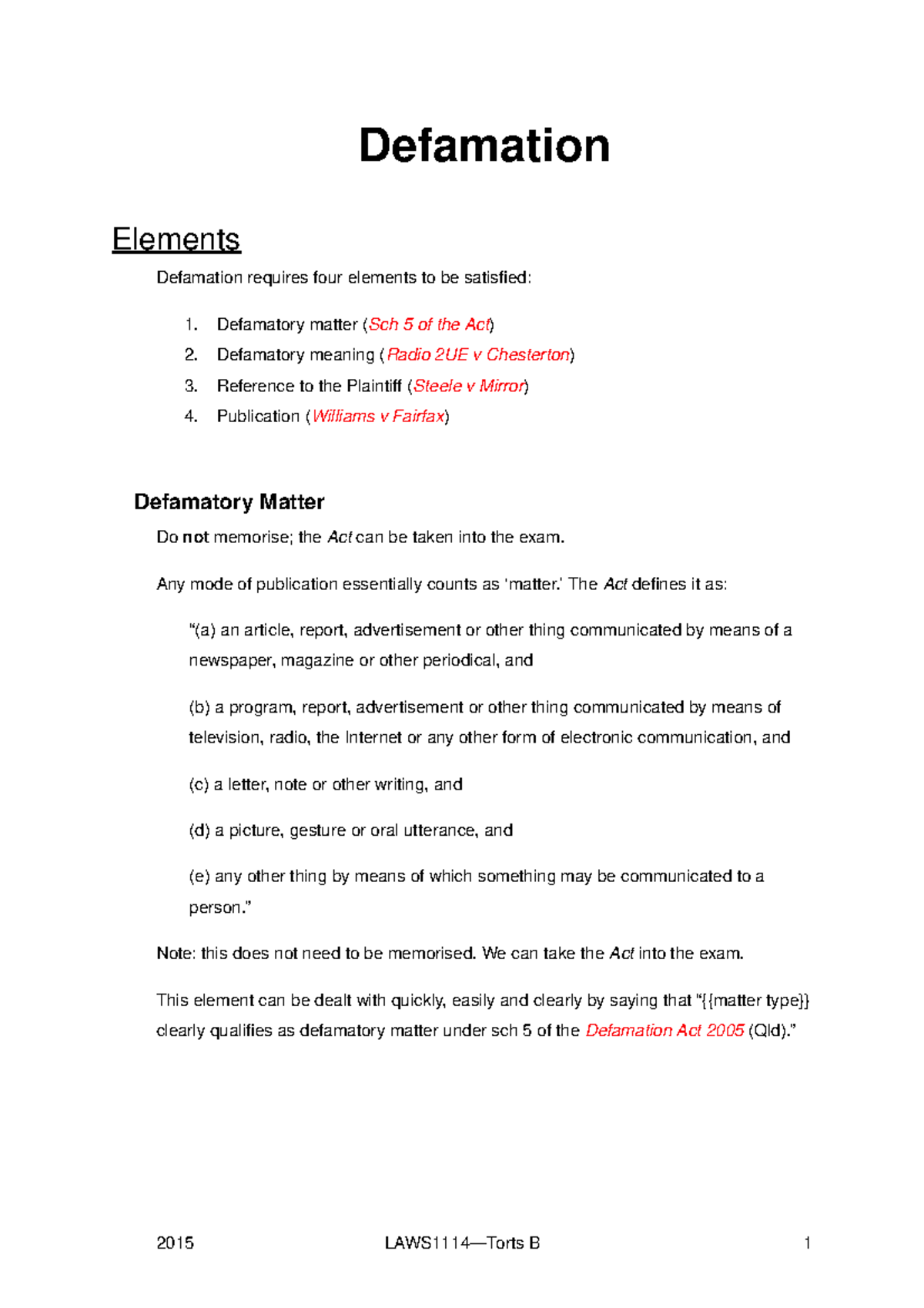 Summary - law of defamation in Australia - Defamation Elements ...