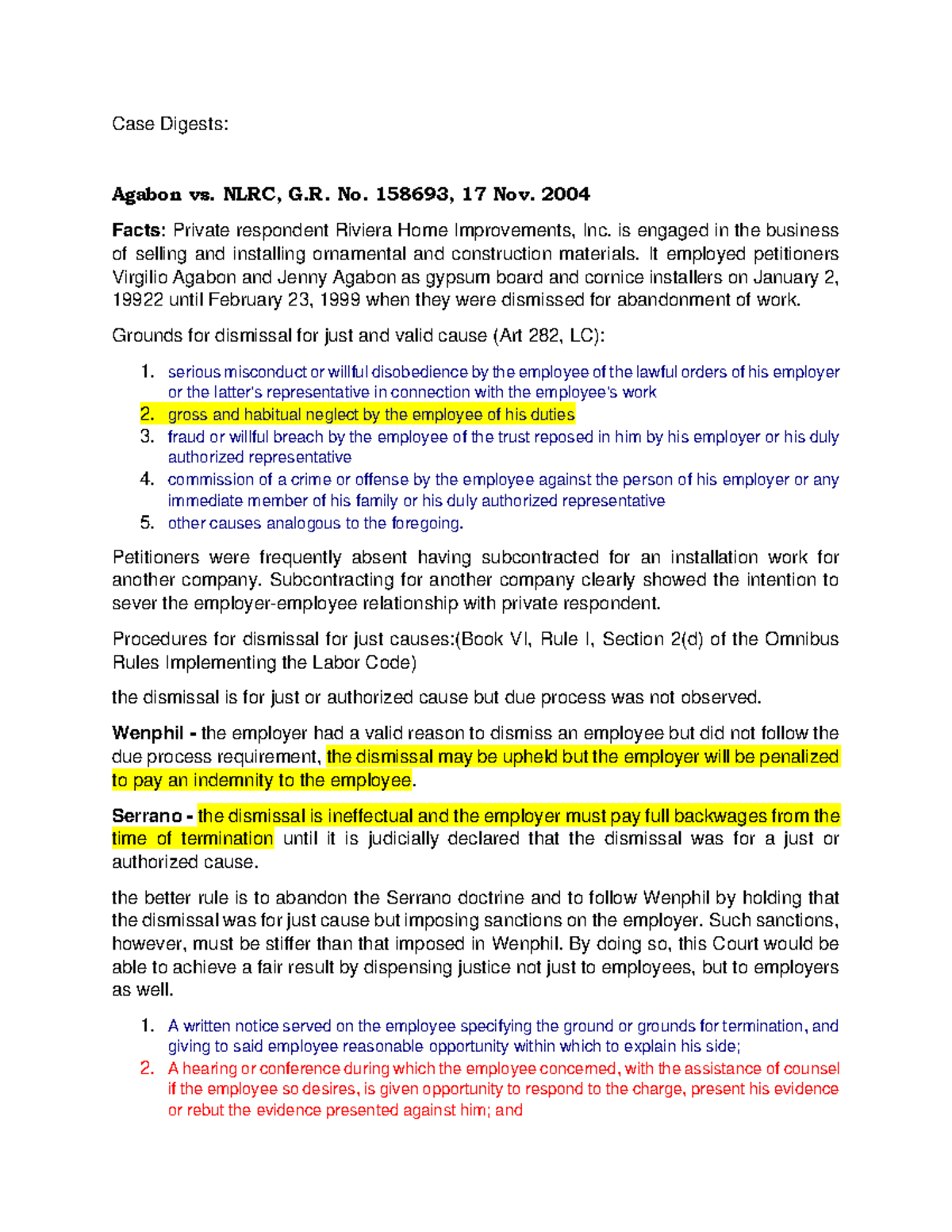Case Digests Week 1 - frfrfrf - Case Digests: Agabon vs. NLRC, G. No ...