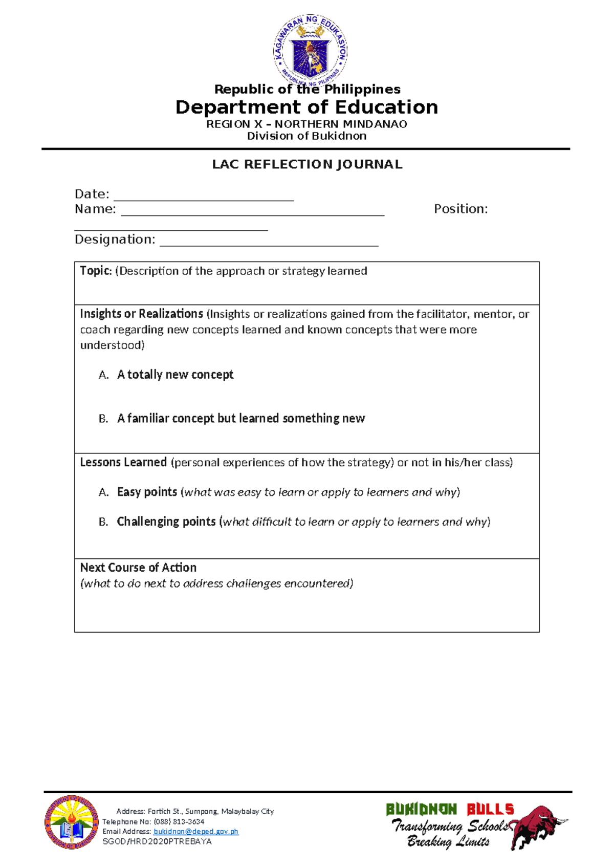 LAC Reflection Journal - Republic of the Philippines Department of ...