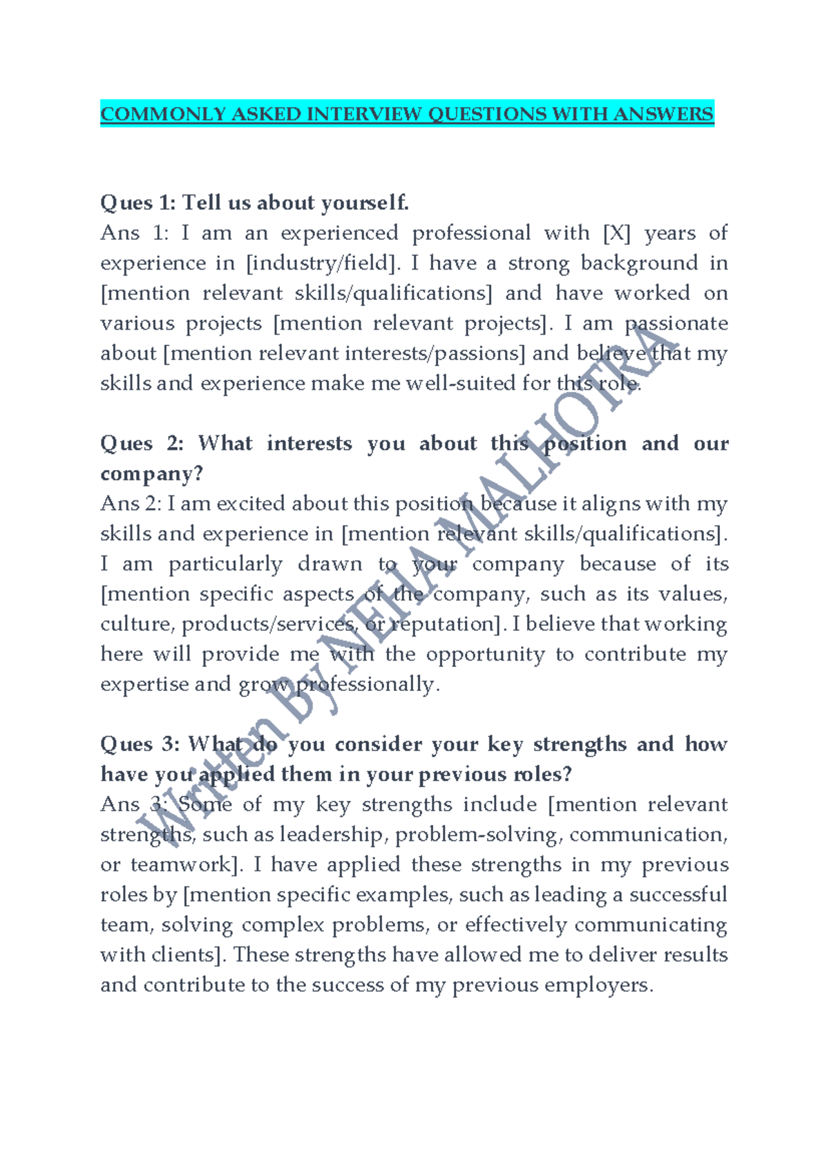 Commonly Asked Interview Questions - COMMONLY ASKED INTERVIEW QUESTIONS ...