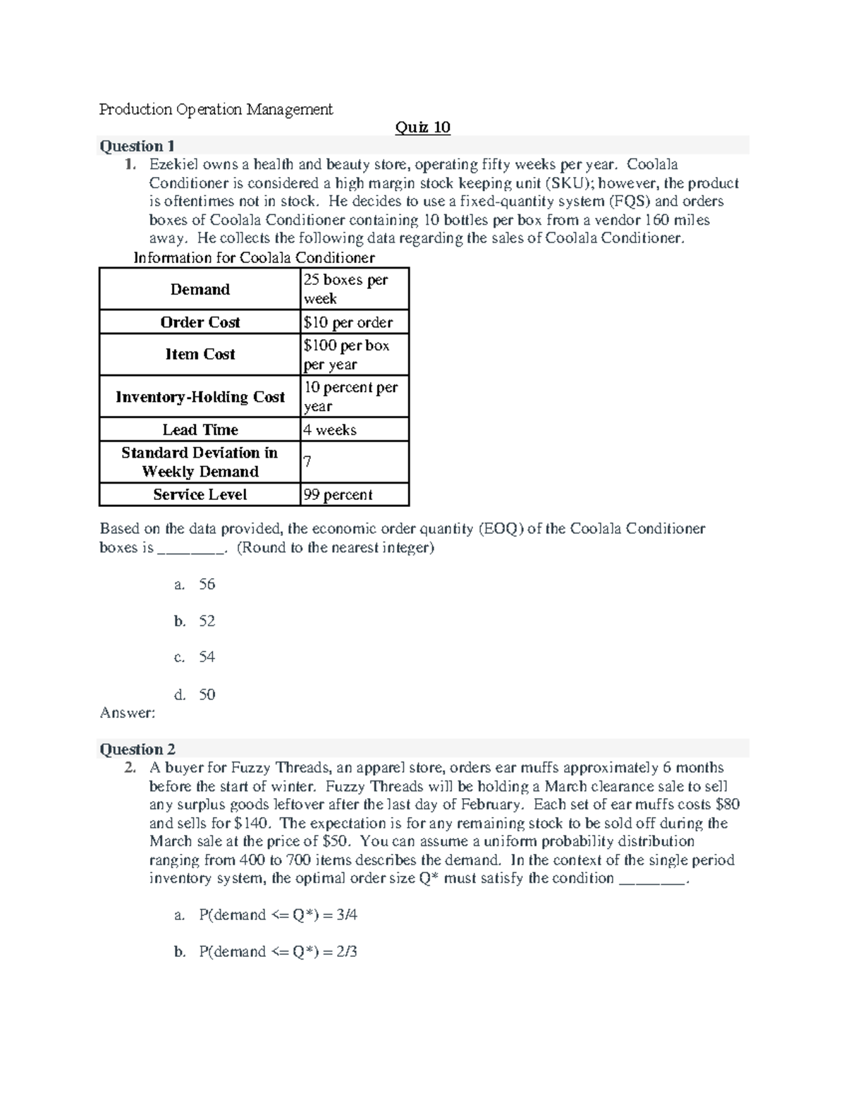 Production Management Quiz 10 - Production Operation Management Quiz 10 ...