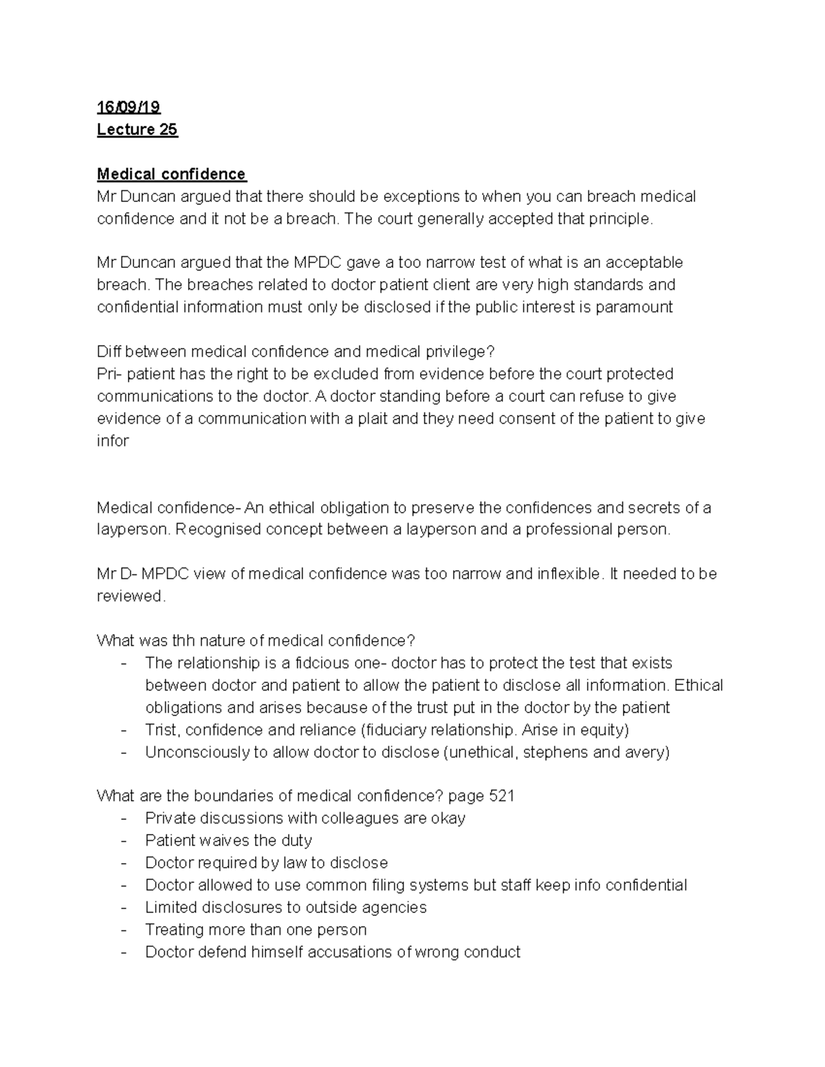 LAWS122-Lecture 25 - medical confidence - Lecture 25 Medical confidence ...