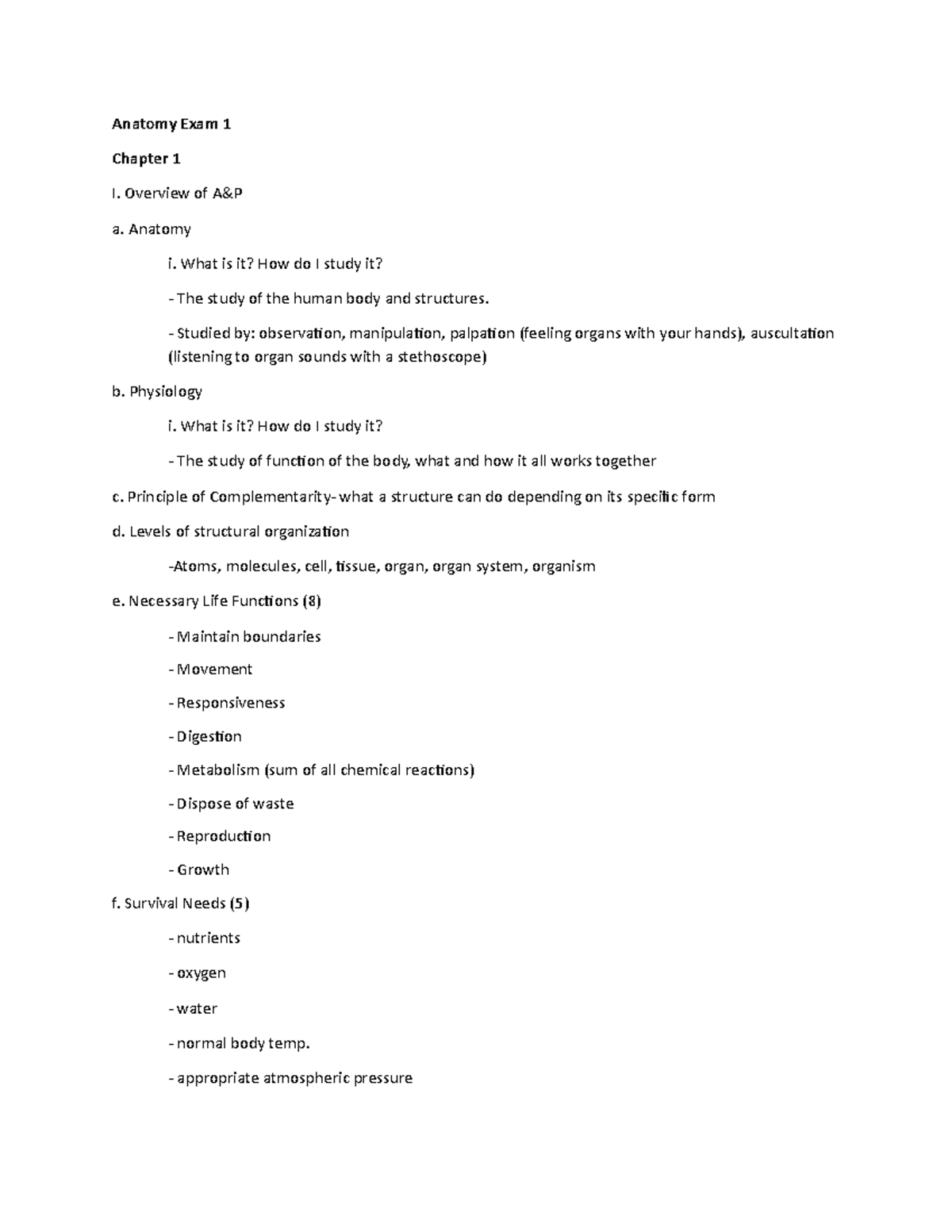 Anatomy Exam 1 - Overview of A&P a. Anatomy i. What is it? How do I ...