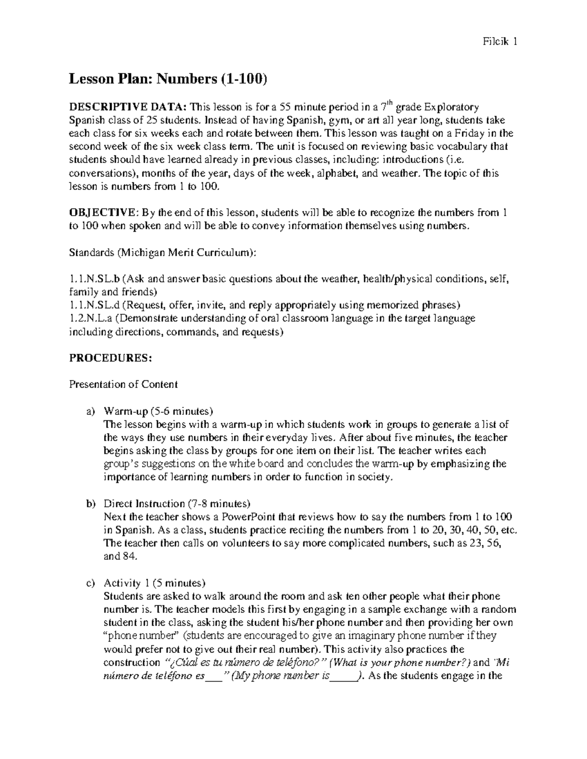 Numbers lesson plan - Filcik 1 Lesson Plan: Numbers (1-100) DESCRIPTIVE ...