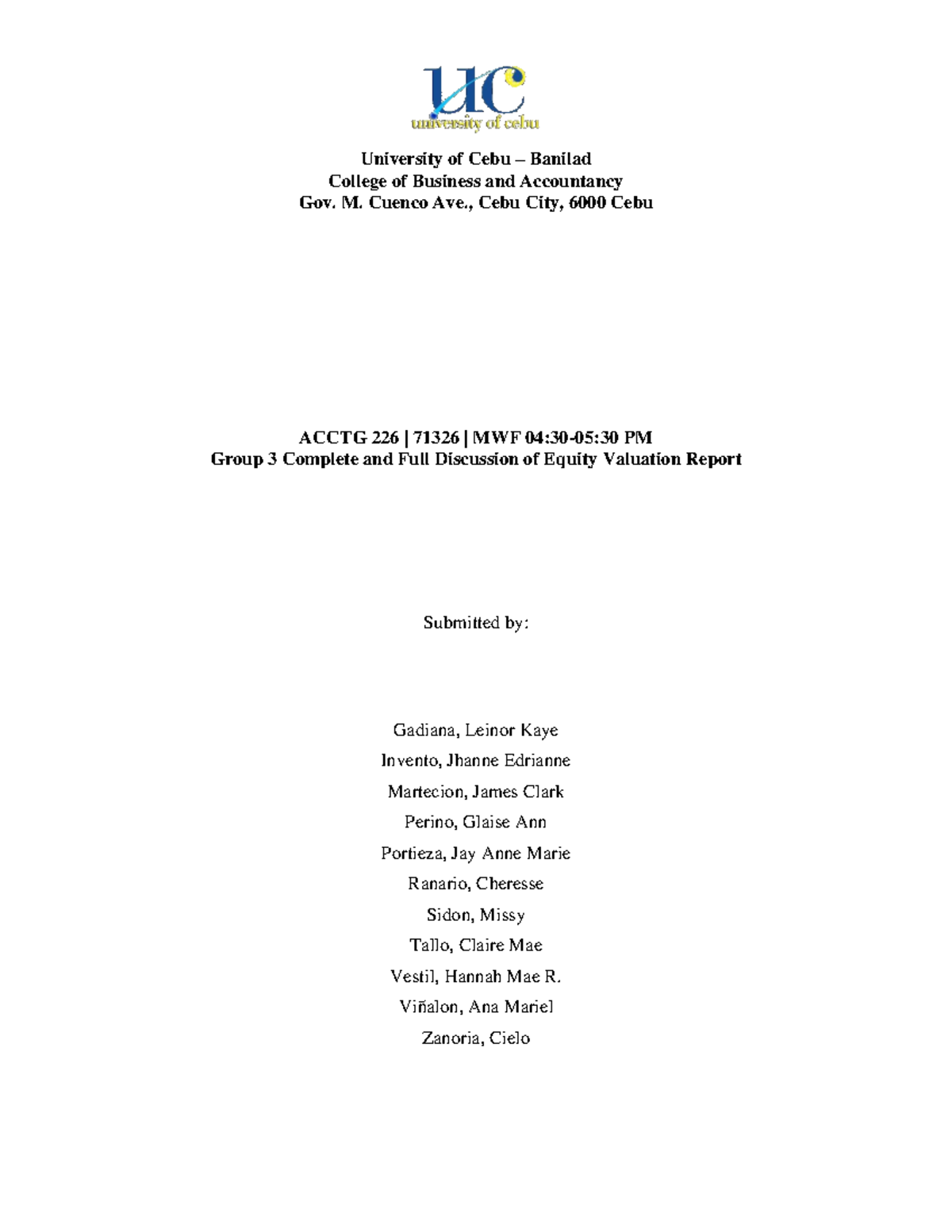 Group 3 Equity Valuation Report - University of Cebu – Banilad College ...