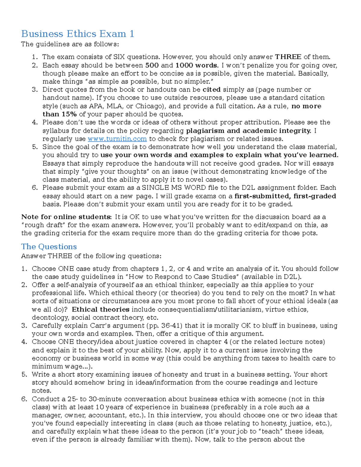Business Ethics Exam1 - Grade A+ - Business Ethics Exam 1 The ...